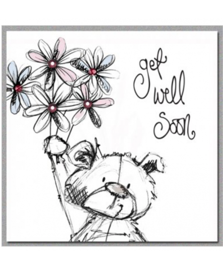 Tracey Russell get well soon card, scribble bear with bunch of flowers
